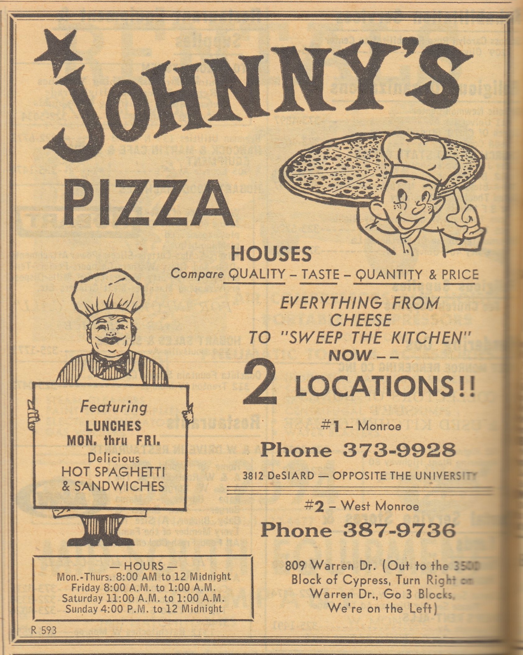 Johnny’s Pizza Phone Book Ad – 1973 – Ouachita Parish History Tidbits