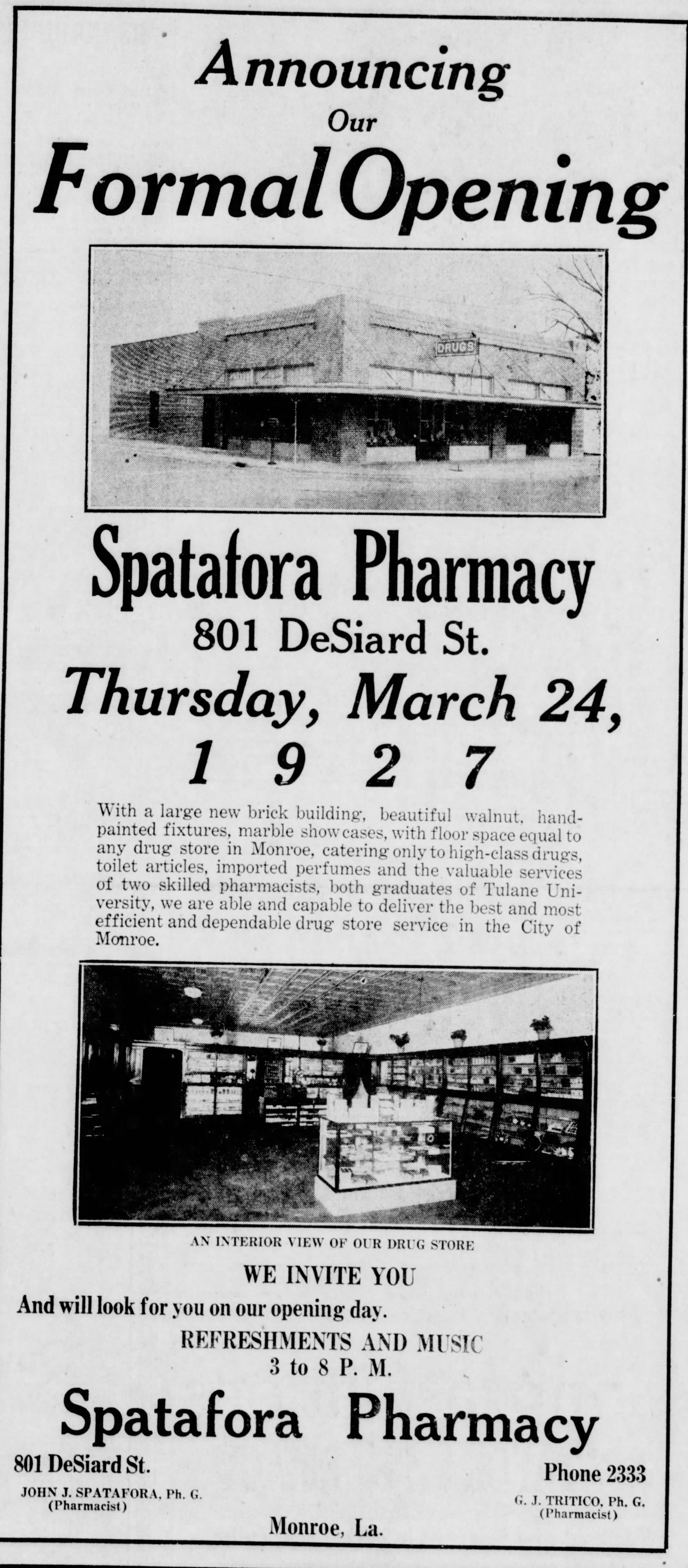 Spatafora Pharmacy Grand Opening Announcement- March, 1927 – Ouachita ...